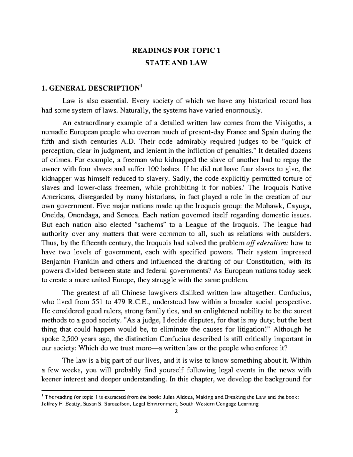 Introduction To Law Course Book Chapter 1 READINGS FOR TOPIC 1