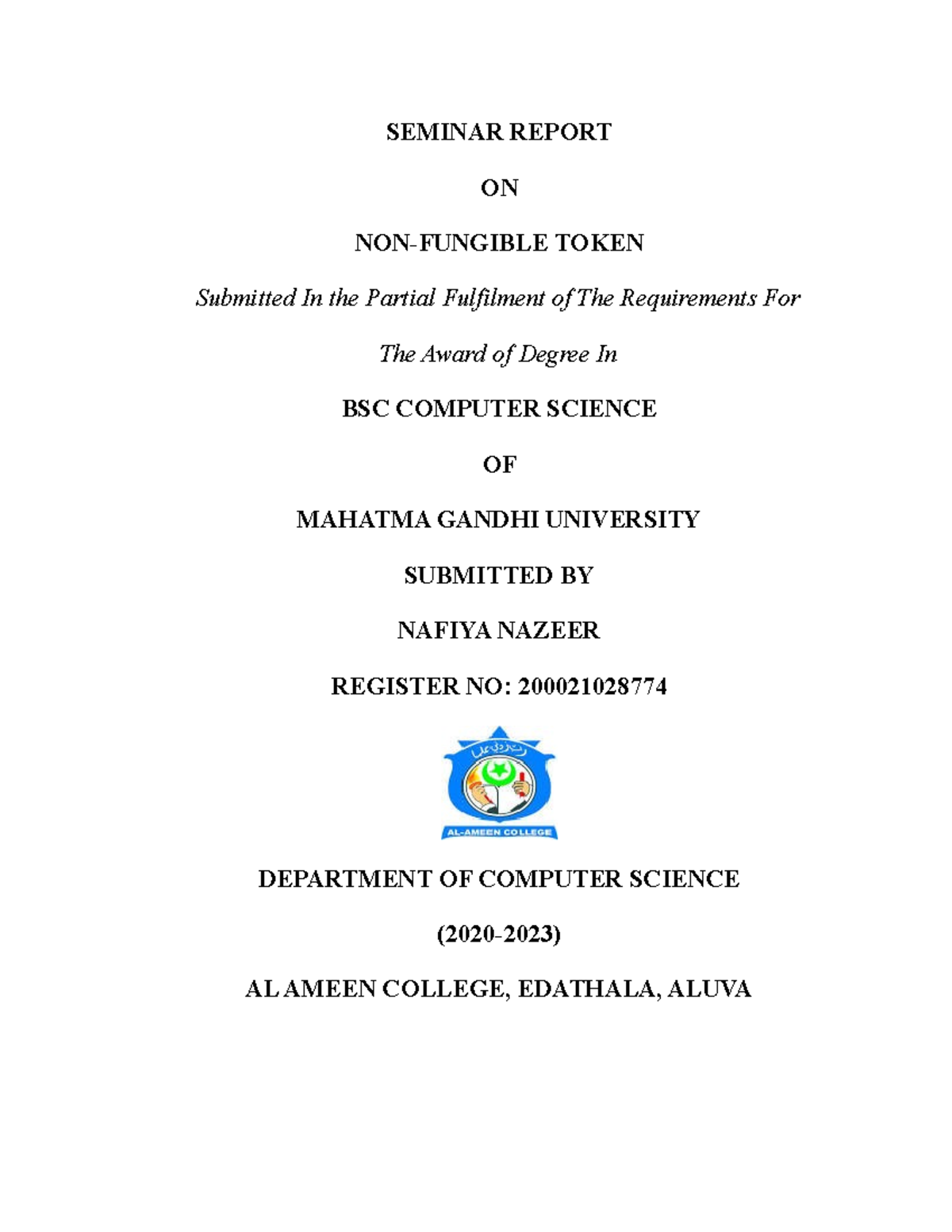 NFT Seminar Repor 1 front pg - SEMINAR REPORT ON NON-FUNGIBLE TOKEN ...