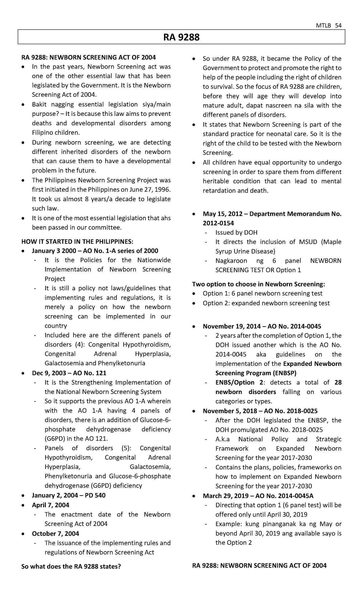 525902997 RA 9288 NBS - Notes - RA 9288 RA 9288: NEWBORN SCREENING ACT ...