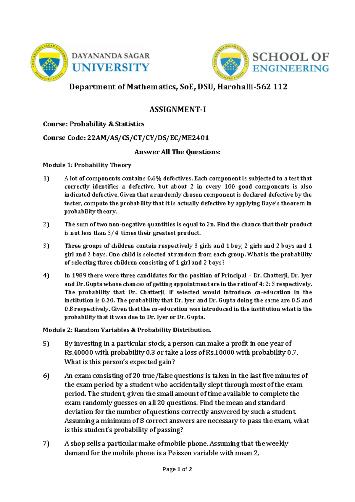 Practice Set P and S - Page 1 of 2 Department of Mathematics, SoE, DSU ...