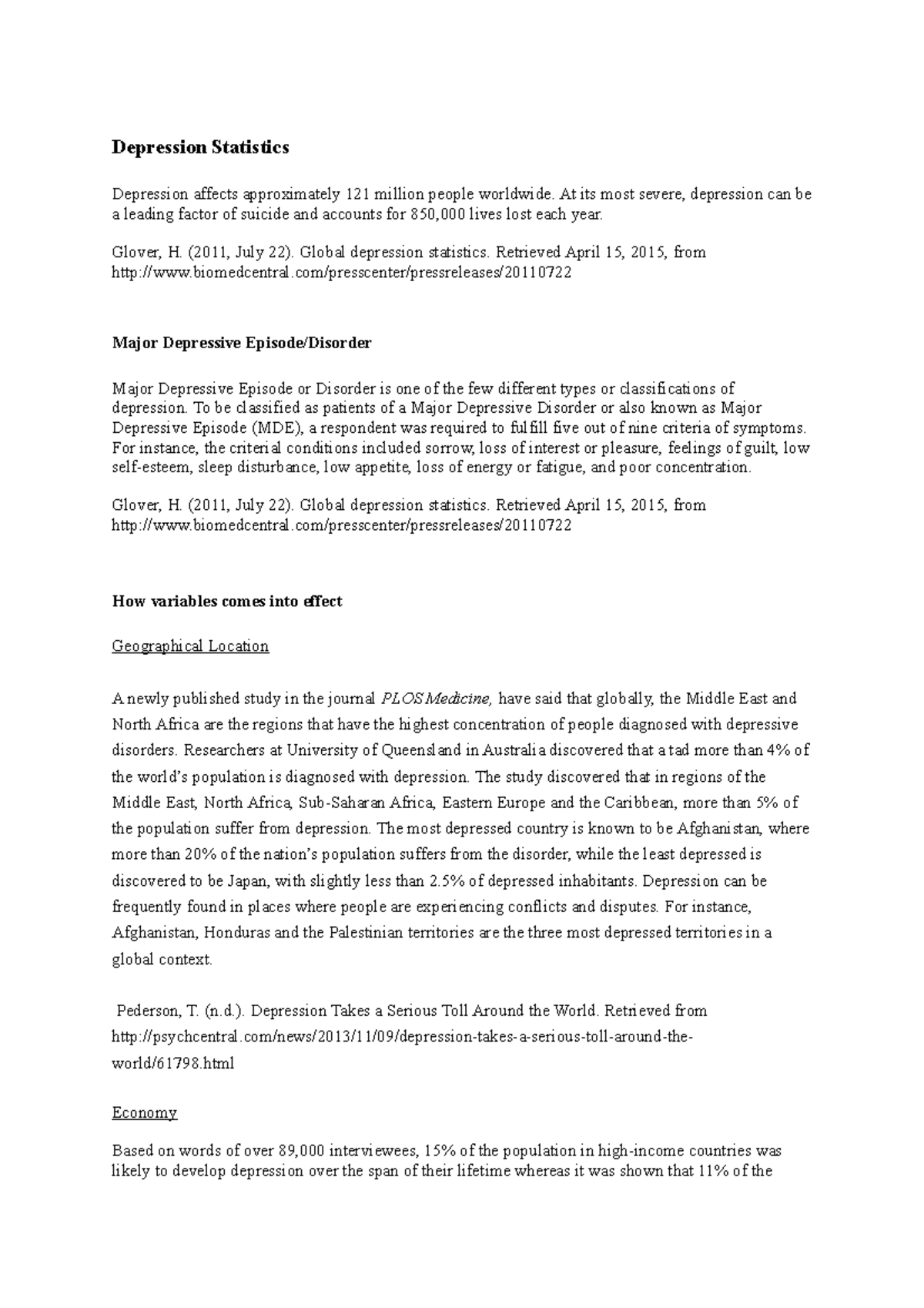 PSYC 1010 Depression Statistics - Depression Statistics Depression ...
