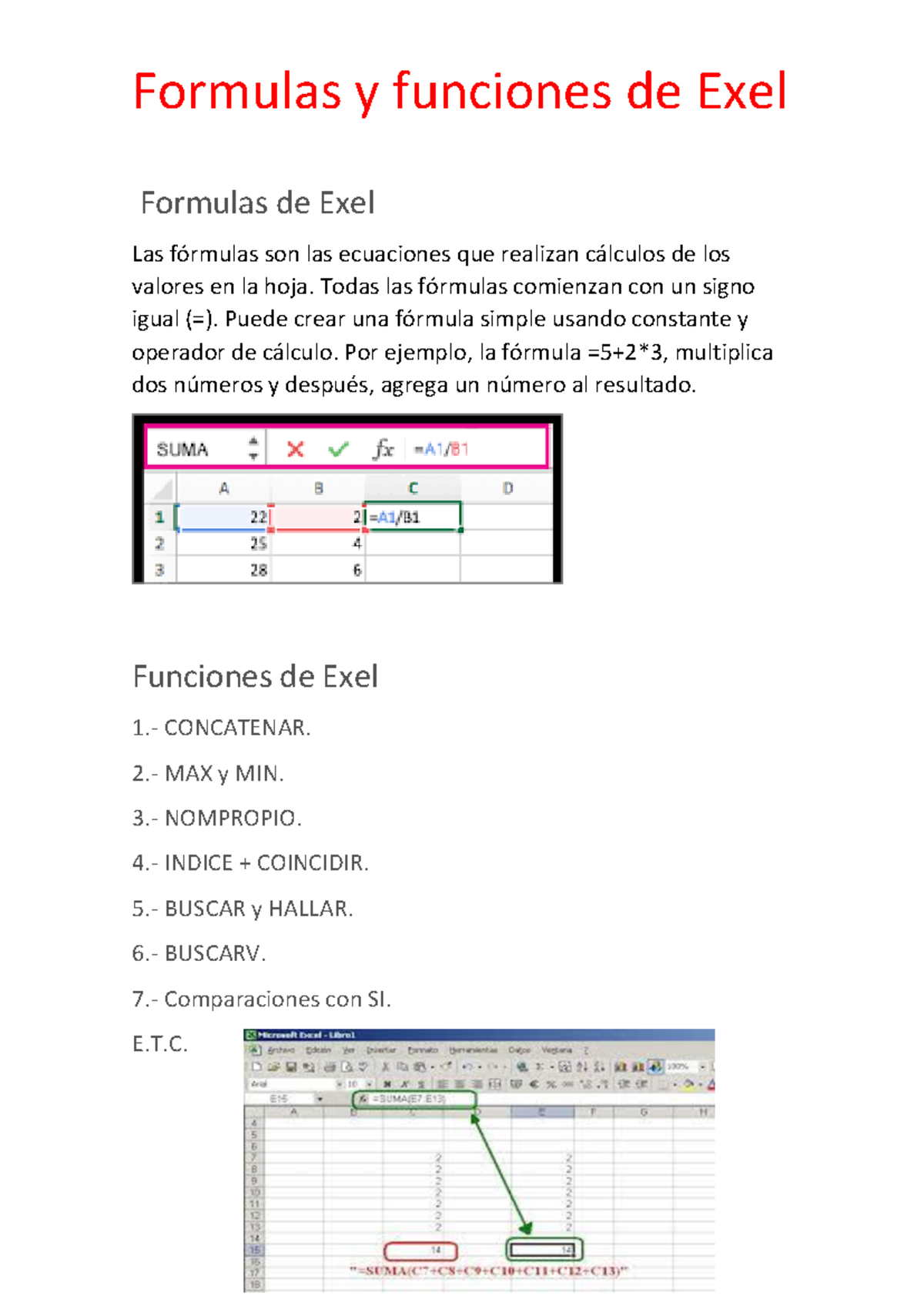 Formulas de Exel - Formulas y funciones de Exel Formulas de Exel Las ...