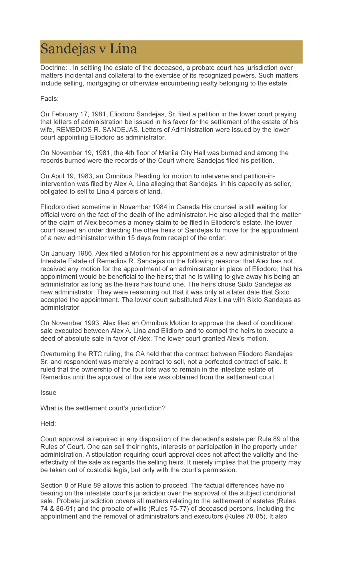 272516356 Heirs of SPS Sandejas vs Lina - Sandejas v Lina Doctrine:. In ...