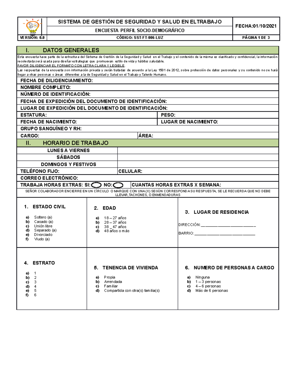 SST FT 006 LUZ - formatos - SISTEMA DE GESTIÓN DE SEGURIDAD Y SALUD EN ELTRABAJO FECHA:01/10 ...