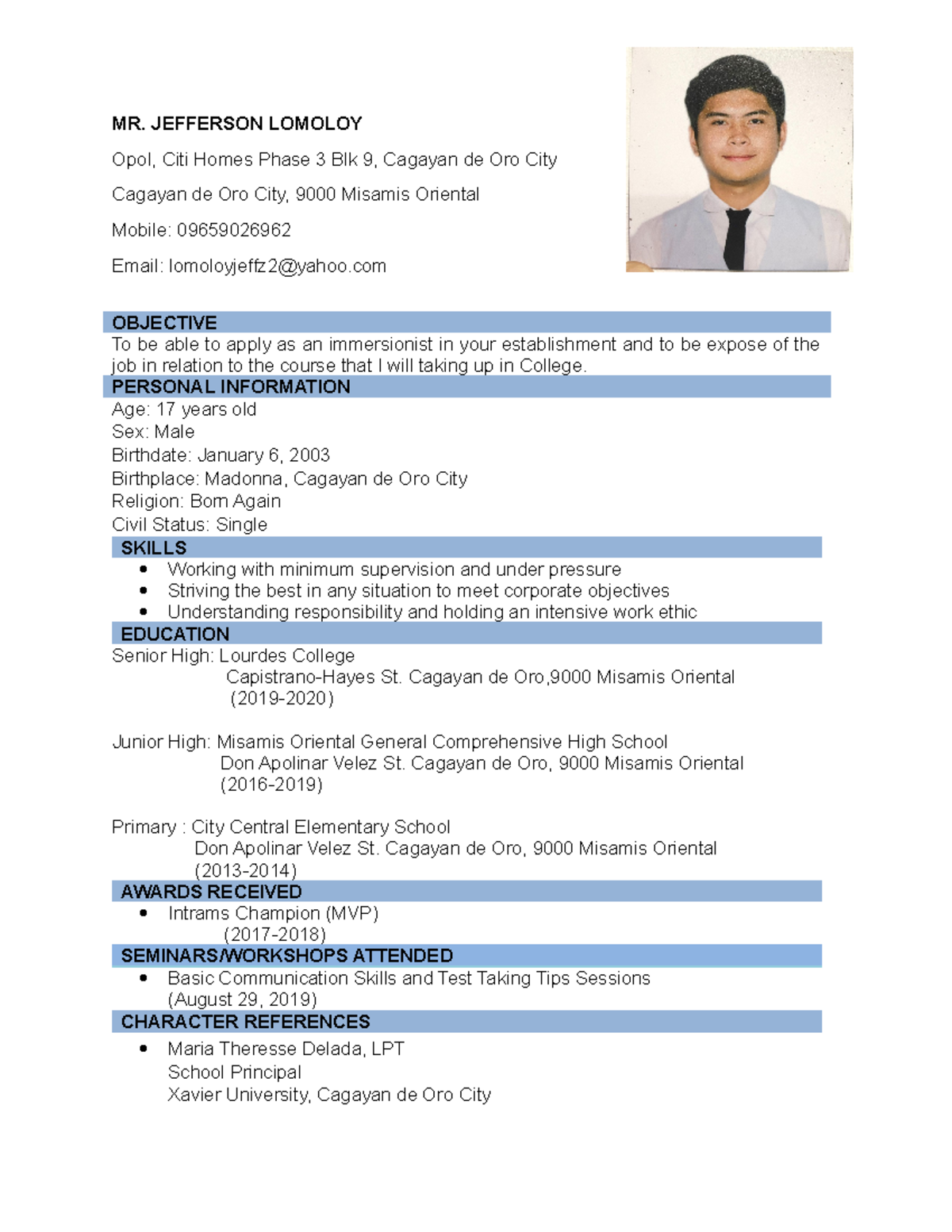 JL-Resume-Application sample - MR. JEFFERSON LOMOLOY Opol, Citi Homes ...