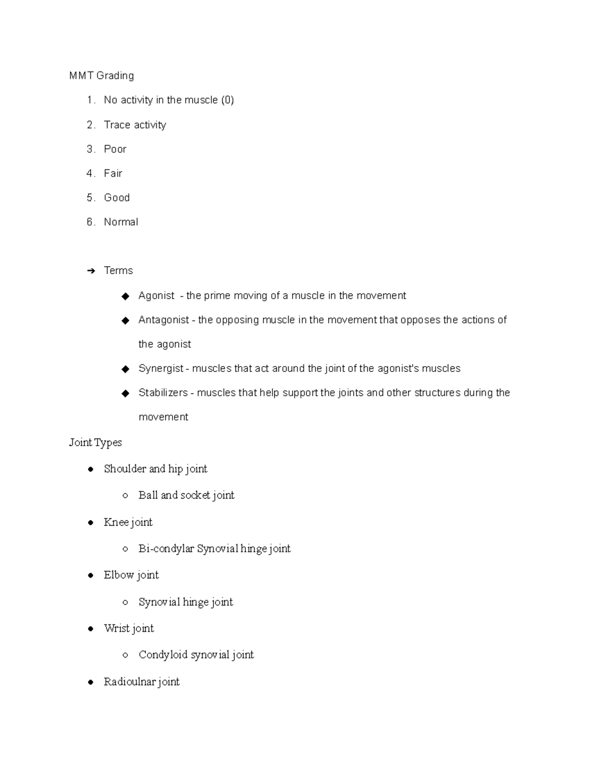 335 Notes Week 6 - MMT Grading 1. No activity in the muscle (0) 2 ...