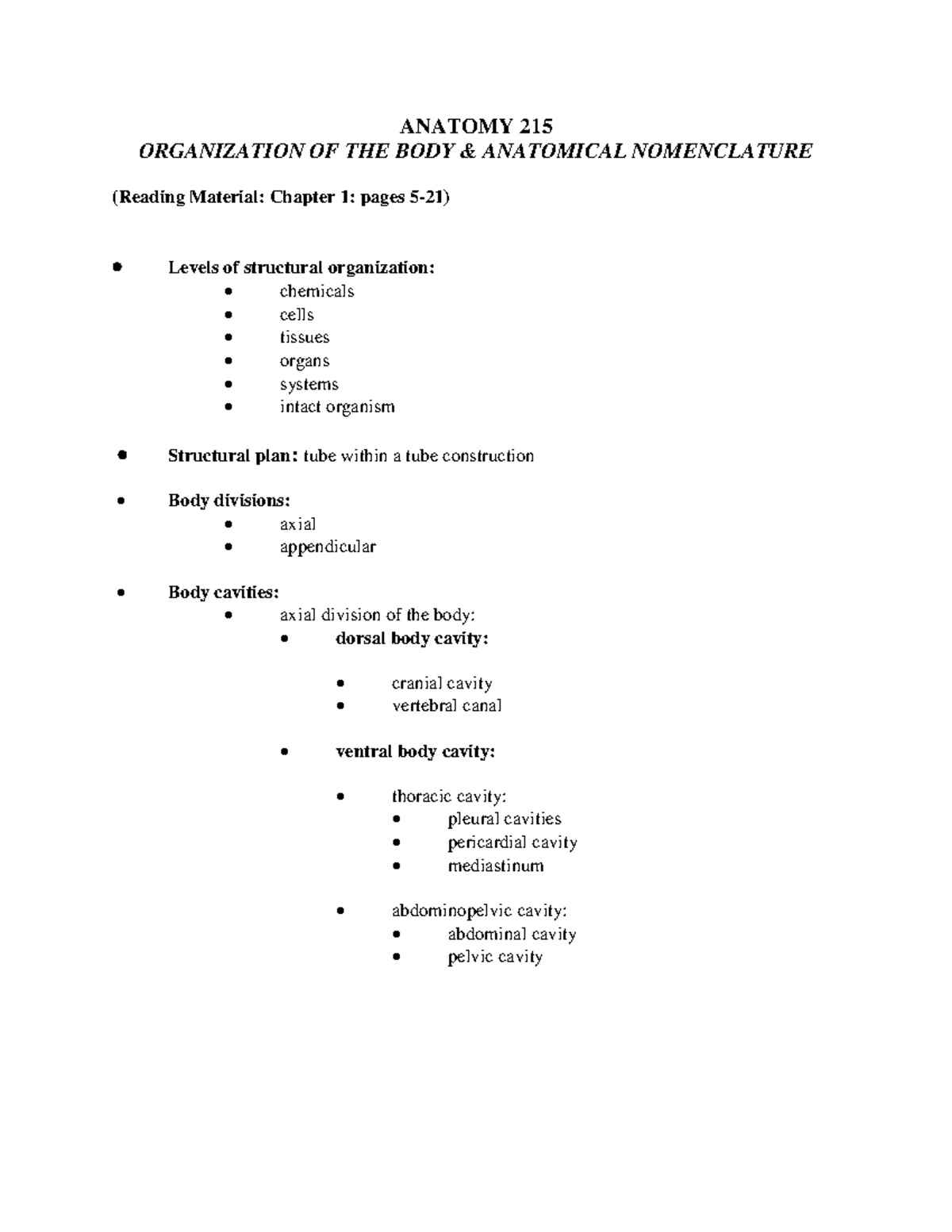 Lecture 2 Organization and Anatomical Nomenclature - ANATOMY 215 ...