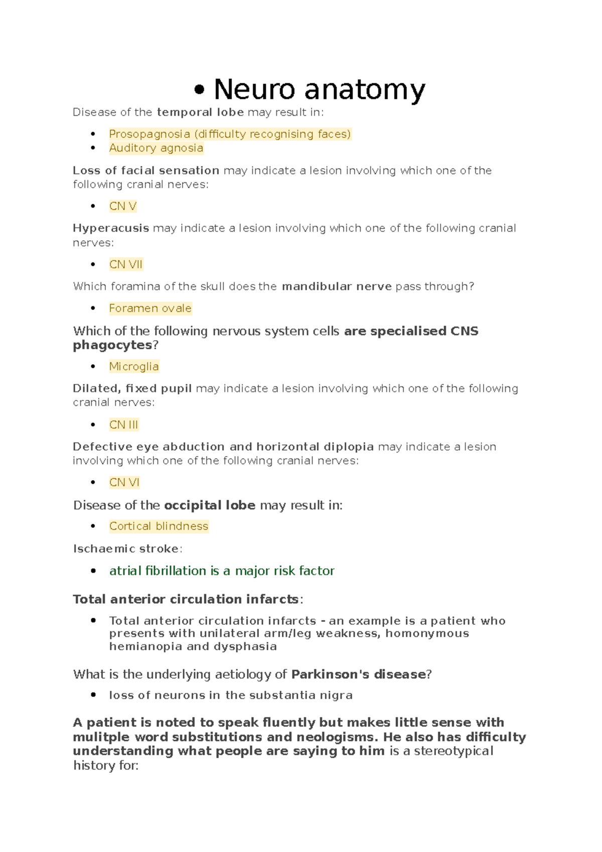Neuro anatomy - Lecture notes 1-3 - Neuro anatomy Disease of the ...