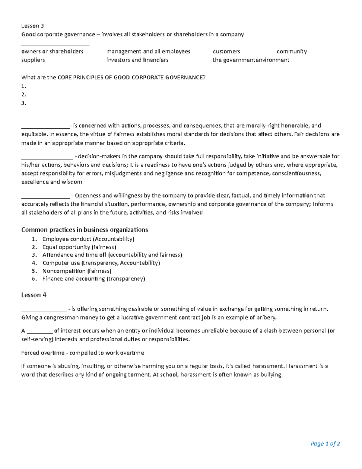 Reviewer IN Business Ethics QTR3 2nd UNIT - Lesson 3 Good corporate ...