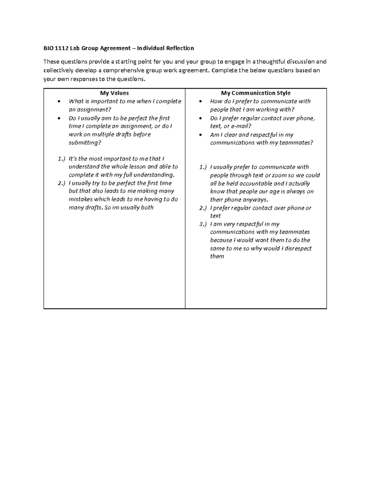 Bio lab 1 - BIO 1112 Lab Group Agreement – Individual Reflection These ...