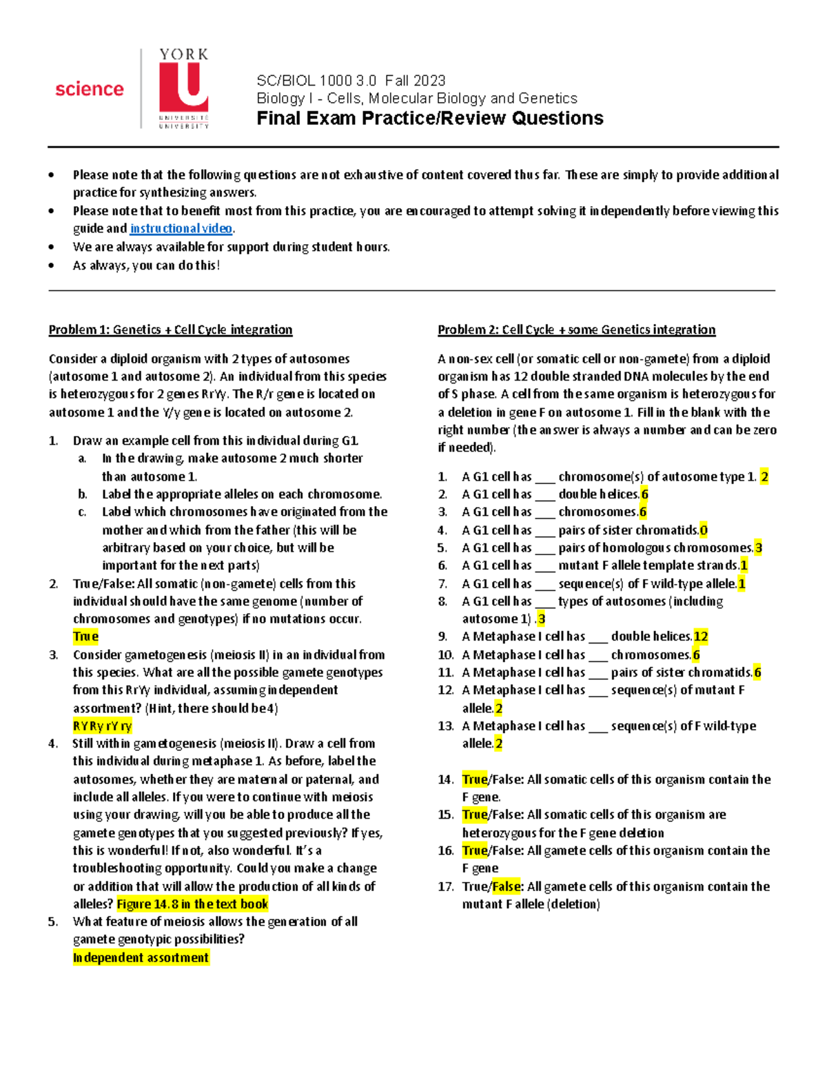 2023 F Biol1000 Final Exam Practice Guide - SC/BIOL 1000 3 Fall 2023 ...