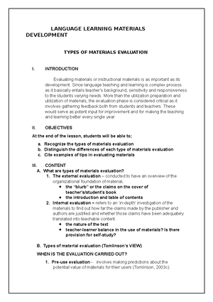 Types of-Materials-Evaluation- Materials-Development - LANGUAGE LEARNING MATERIALS DEVELOPMENT ...