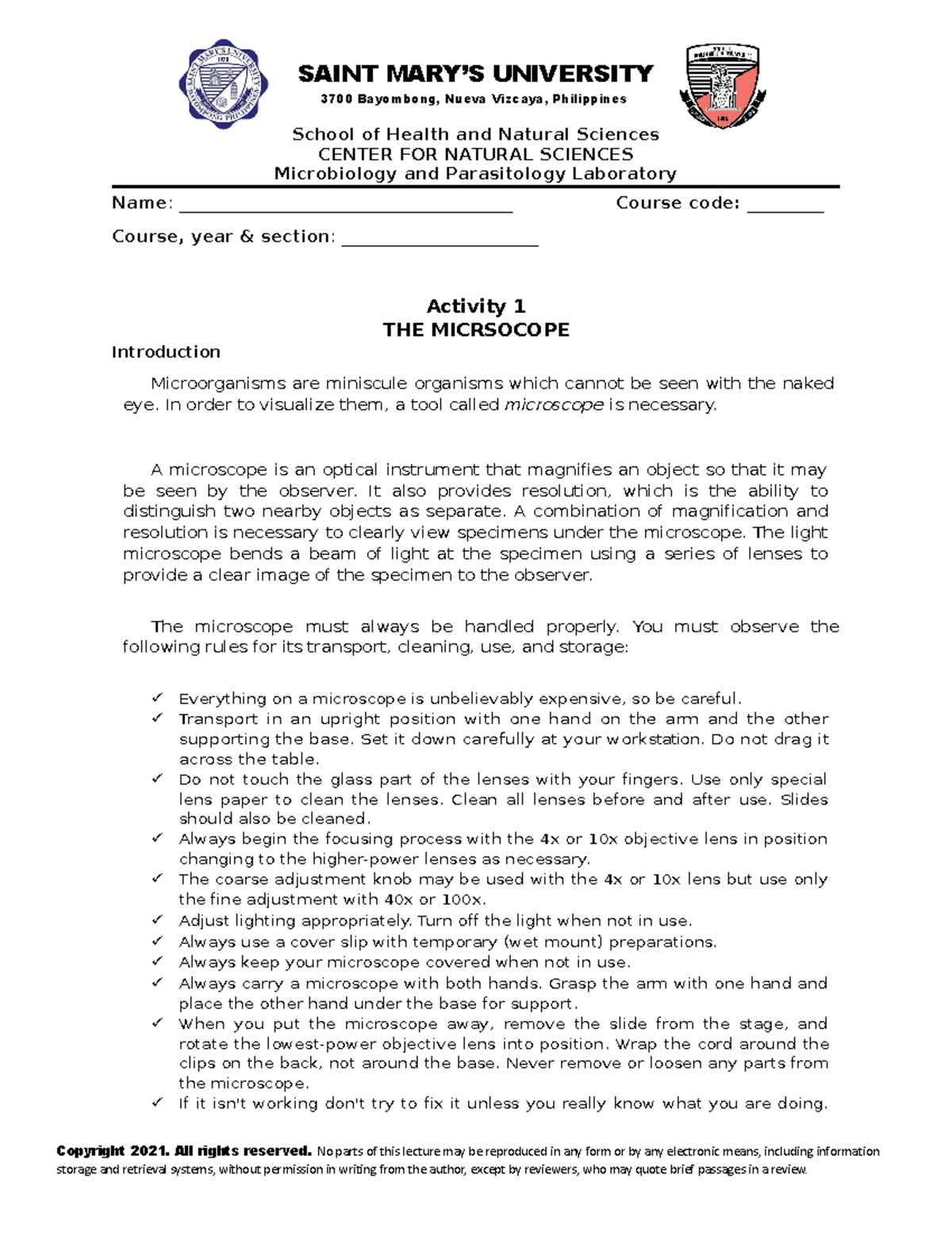 01 The-Microscope - MP LAB Experiment - School of Health and Natural ...