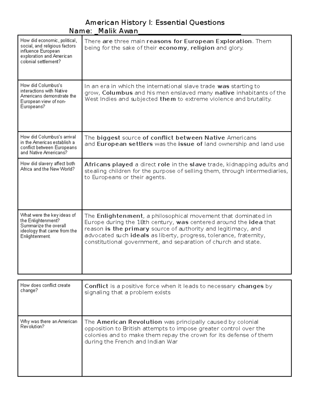 American History I Review Questions 1 - American History I: Essential ...