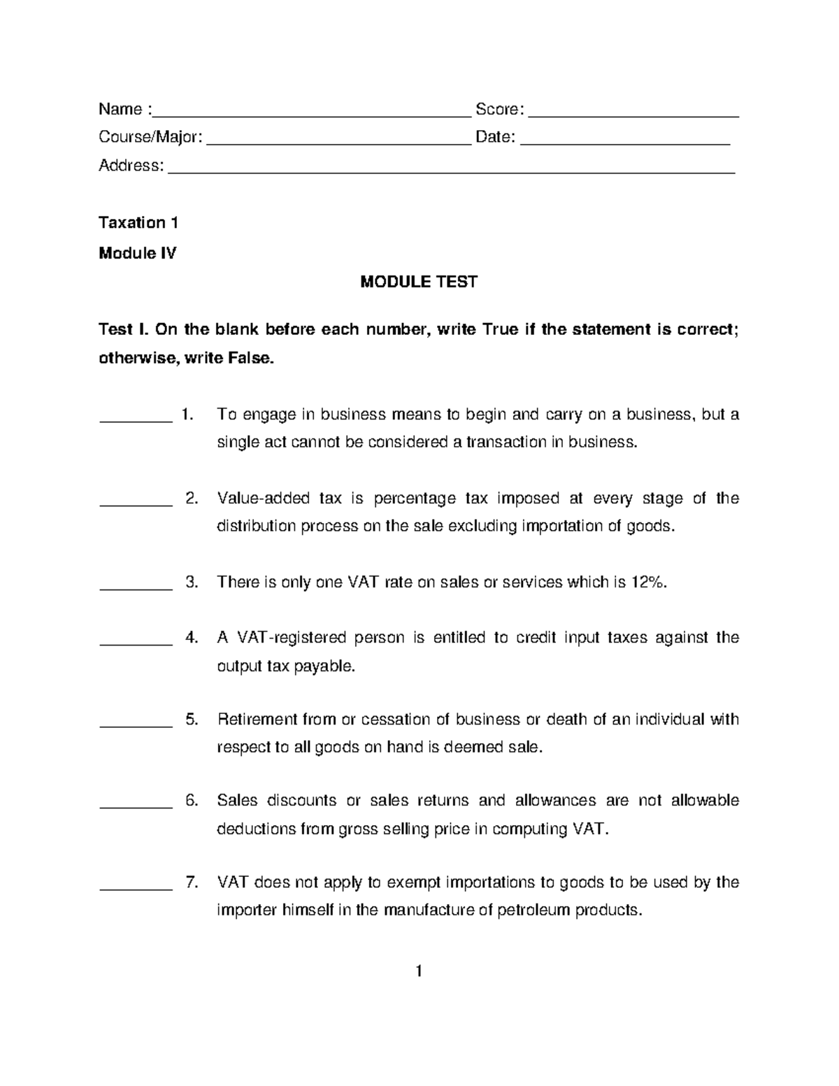 Taxation 1Mod4 Test - taxation - Studocu