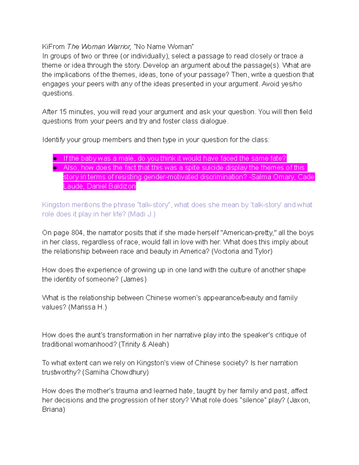 The Woman Warrior, “No Name Woman” - Develop an argument about the ...