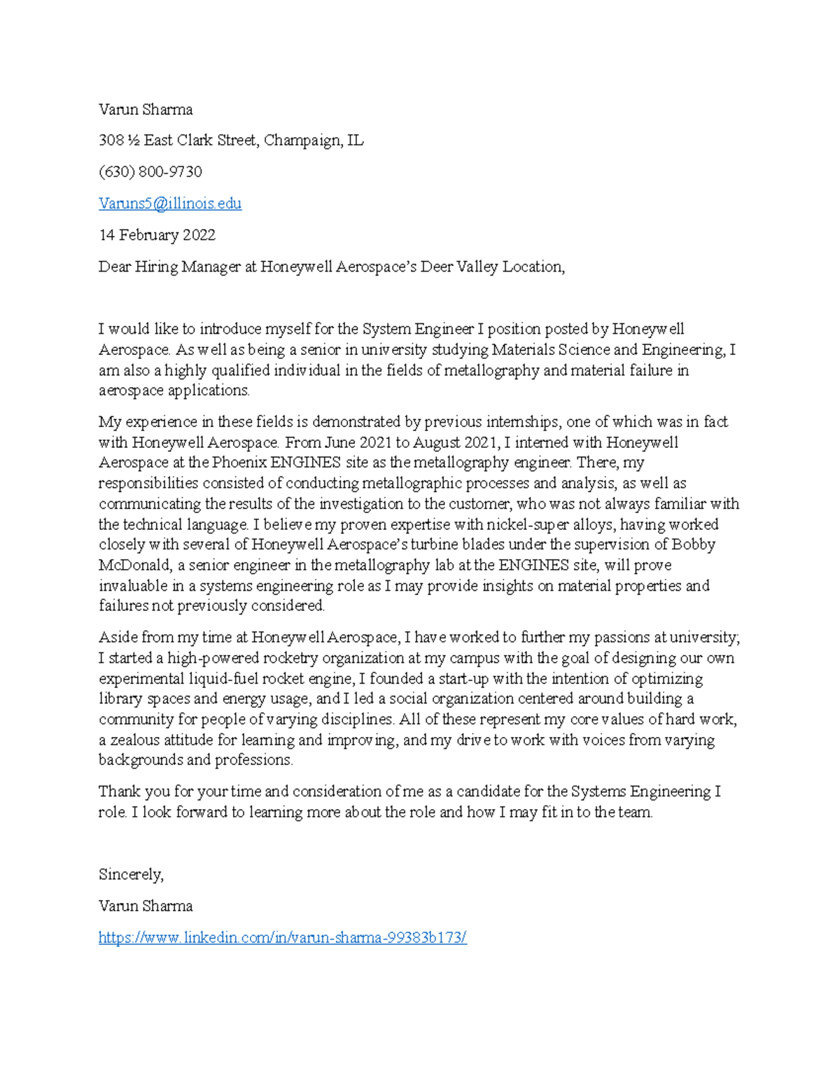 Cover Letter BTW - Varun Sharma 308 ½ East Clark Street, Champaign, IL ...