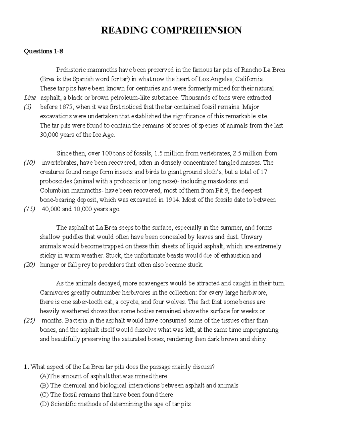 Reading Comprehension - READING COMPREHENSION Questions 1- Prehistoric ...