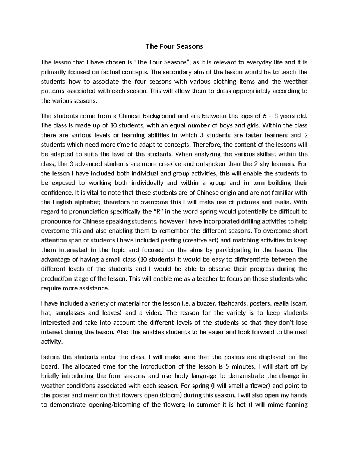 TEFL The Four Seasons 120 hour course - The Four Seasons The lesson ...