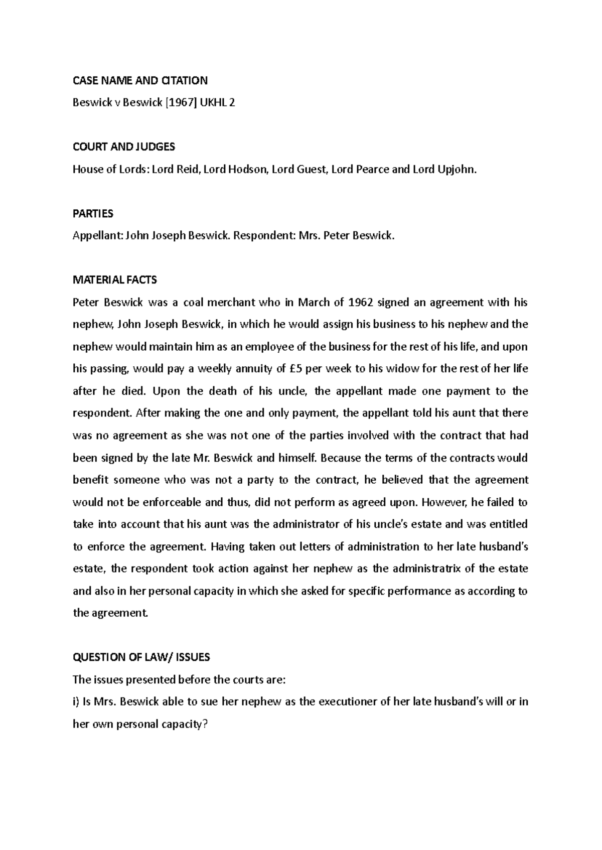 Beswick v Beswick - Summary Contract Law - CASE NAME AND CITATION ...
