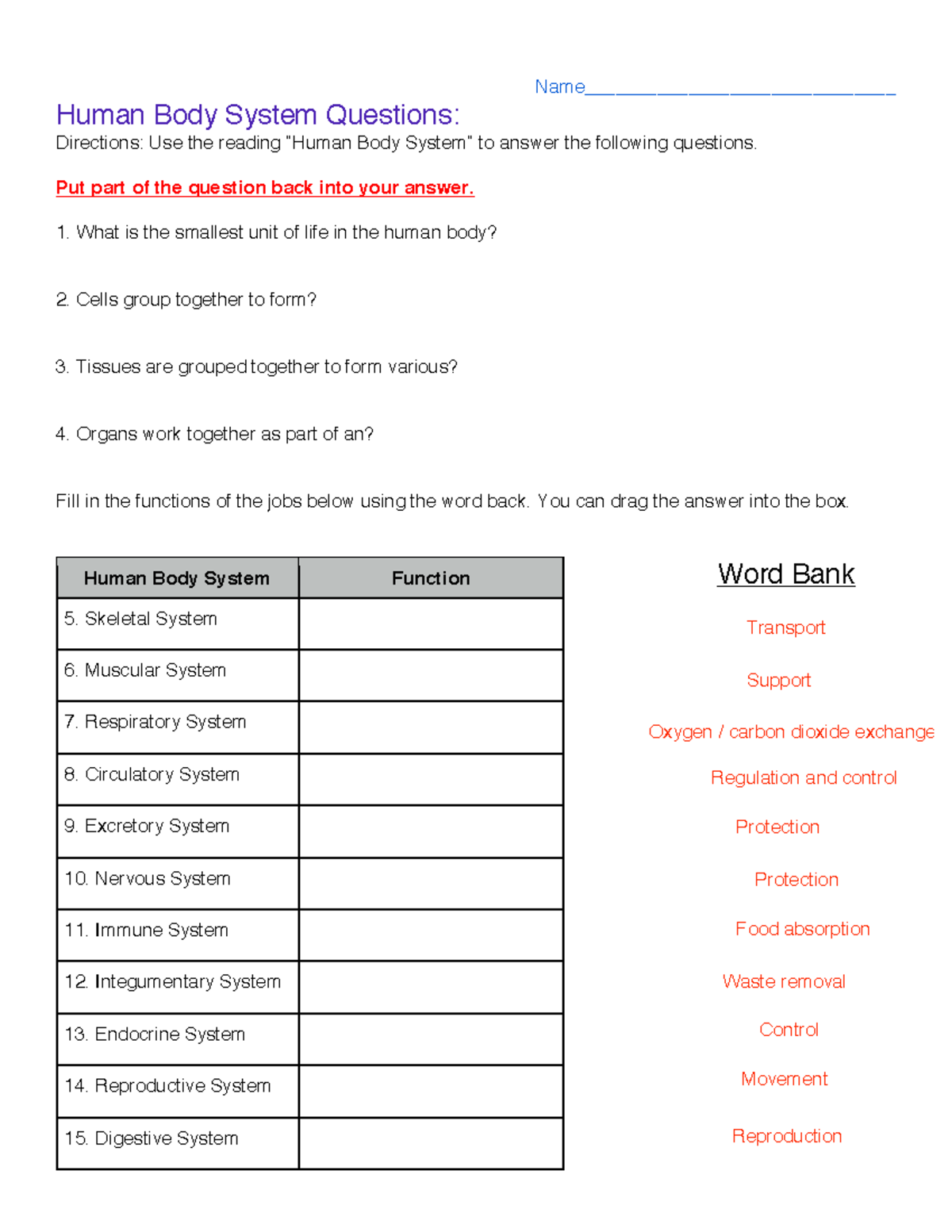 Body Systems Worksheet - Name______________________________ Human Body ...
