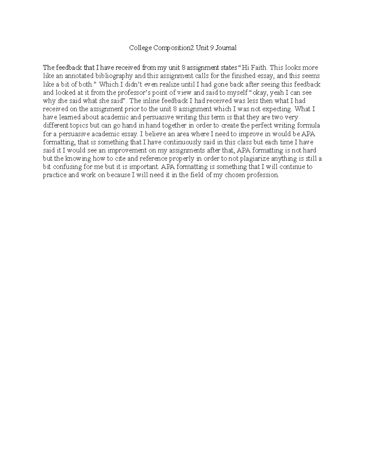 College Composition 2 Unit 9 Journal - College Composition2 Unit 9 ...