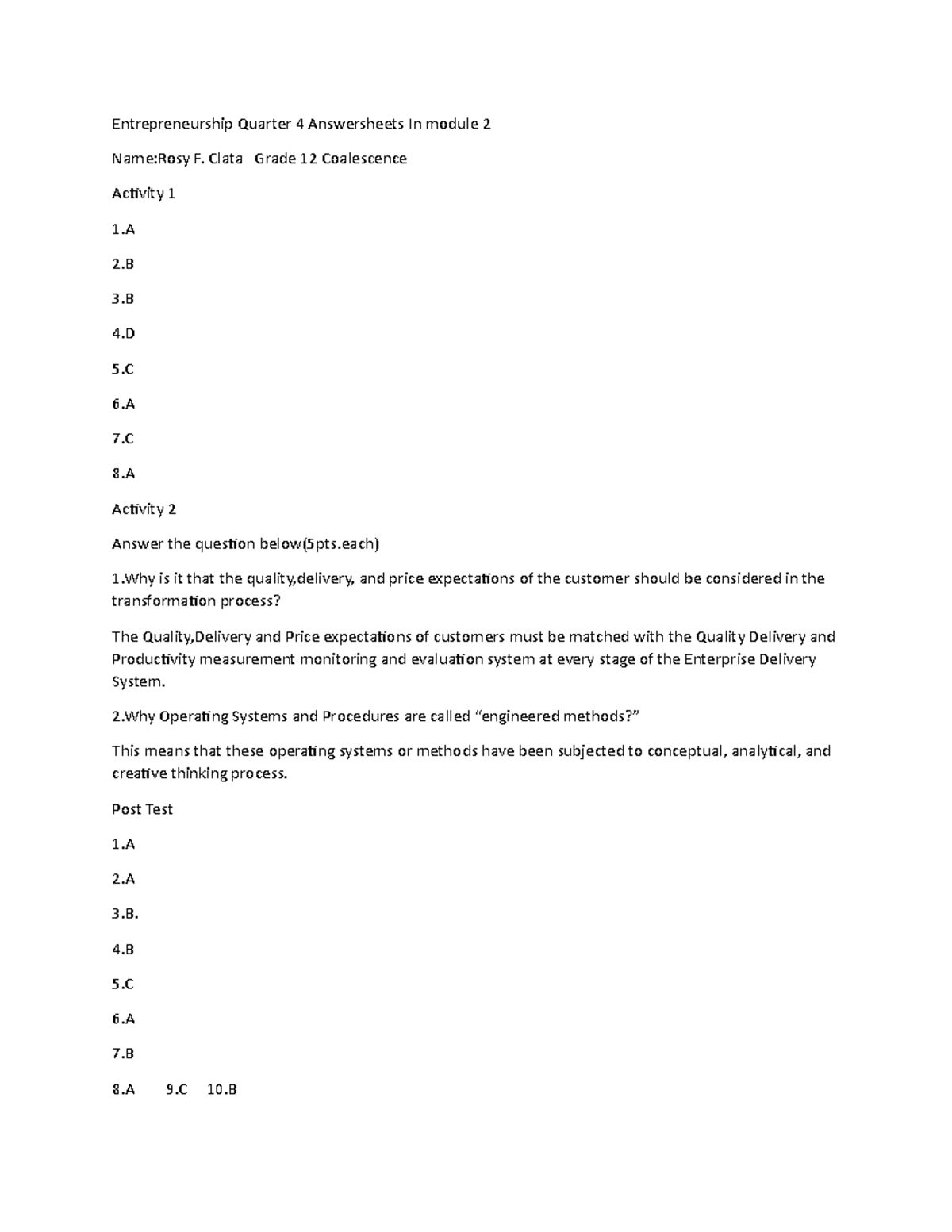 Entrep 3 - Notes - Entrepreneurship Quarter 4 Answersheets In module 2 ...