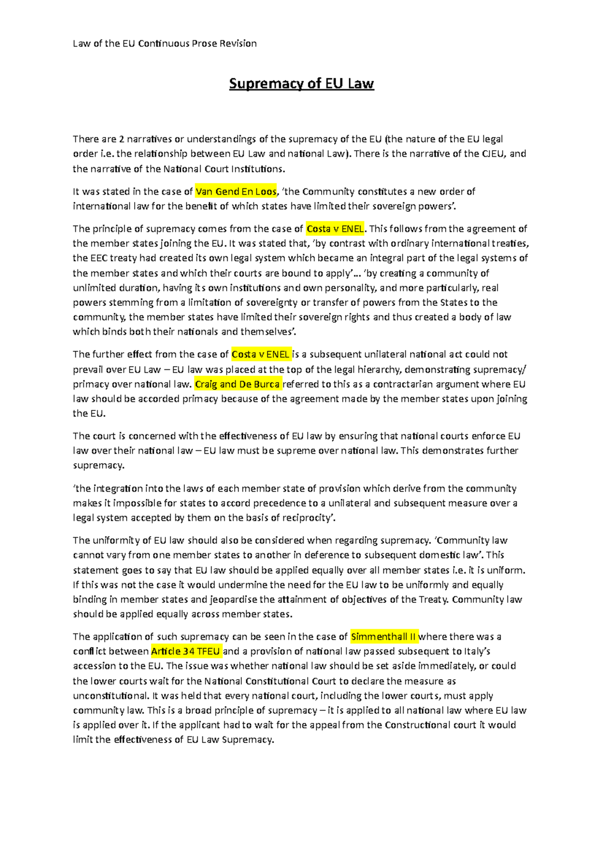 Continuous Prose Revision Sheet Supremacy Of EU Law There Are 2 