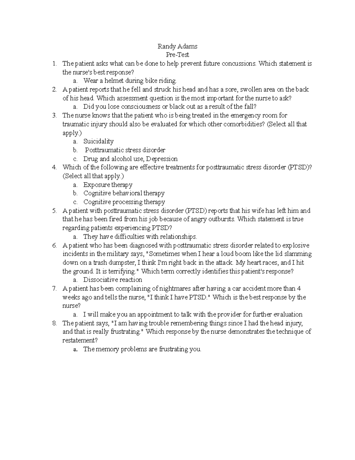 Randy Adams Pre Test - pre test question and answers - Randy Adams Pre ...