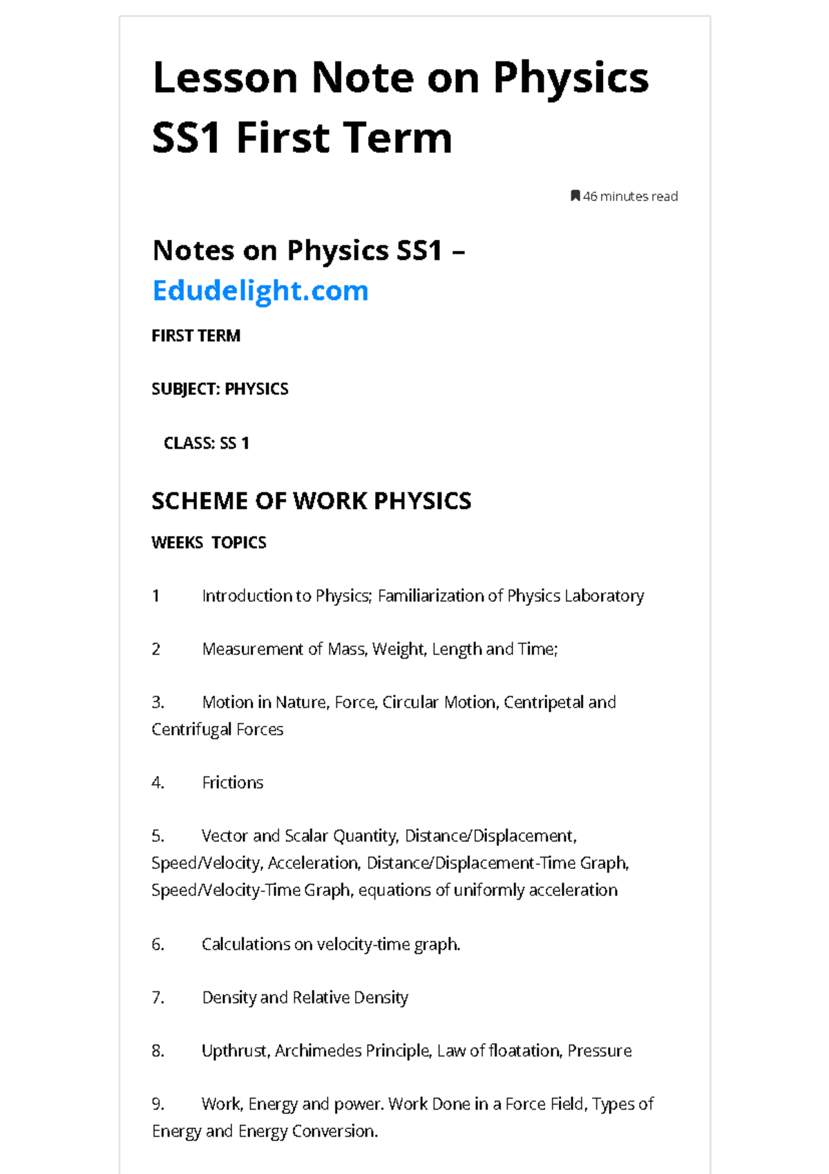 Lesson Noteon Physics SS 1First Term-Edudelight - 46 minutes read ...