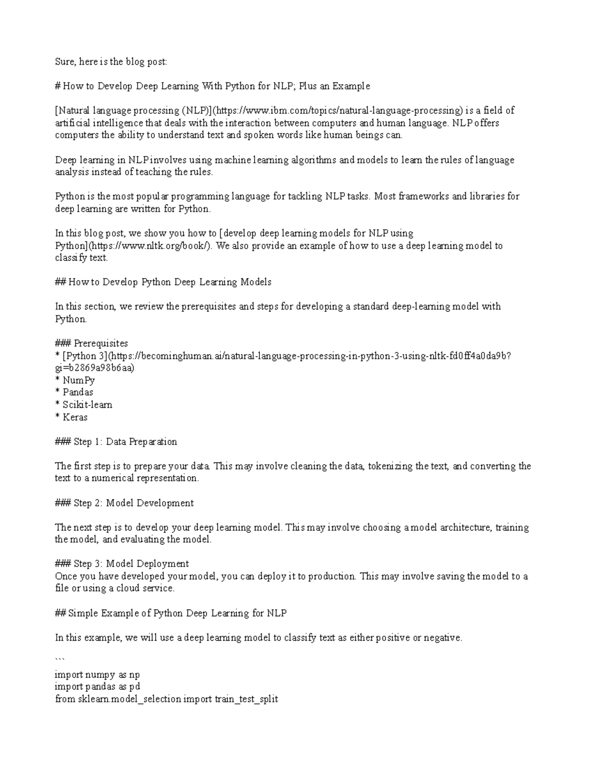 Create a blog post on How to Develop Deep Learning With Python for NLP using markup language ...