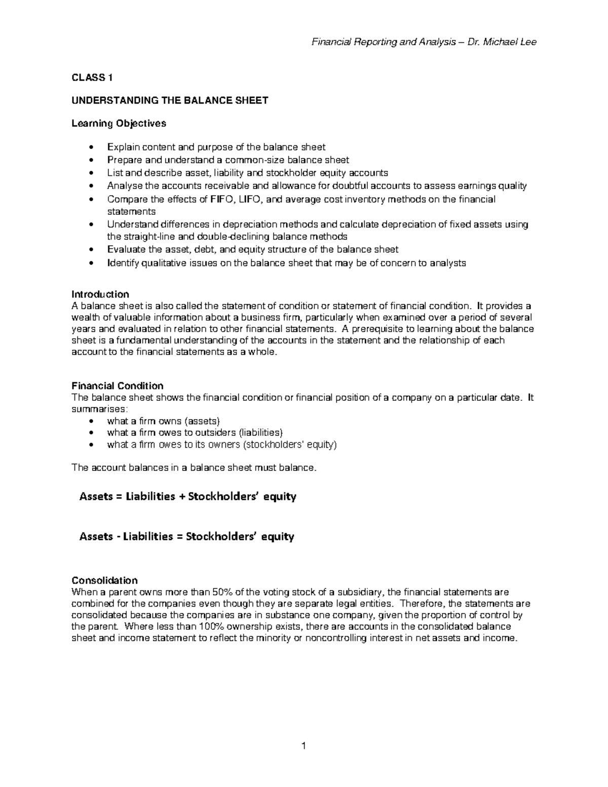 1- Understanding the Balance Sheet - CLASS 1 UNDERSTANDING THE BALANCE ...