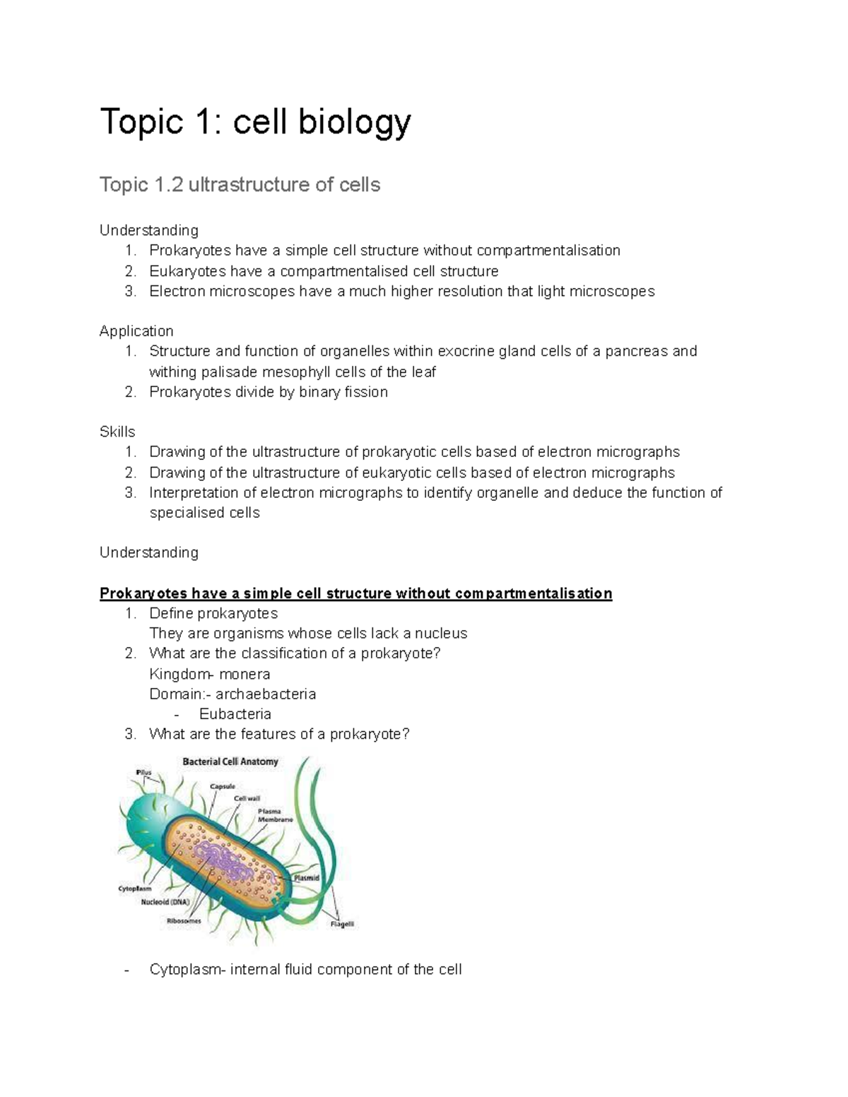 Biology notes: topic 1 - Topic 1: cell biology Topic 1 ultrastructure ...