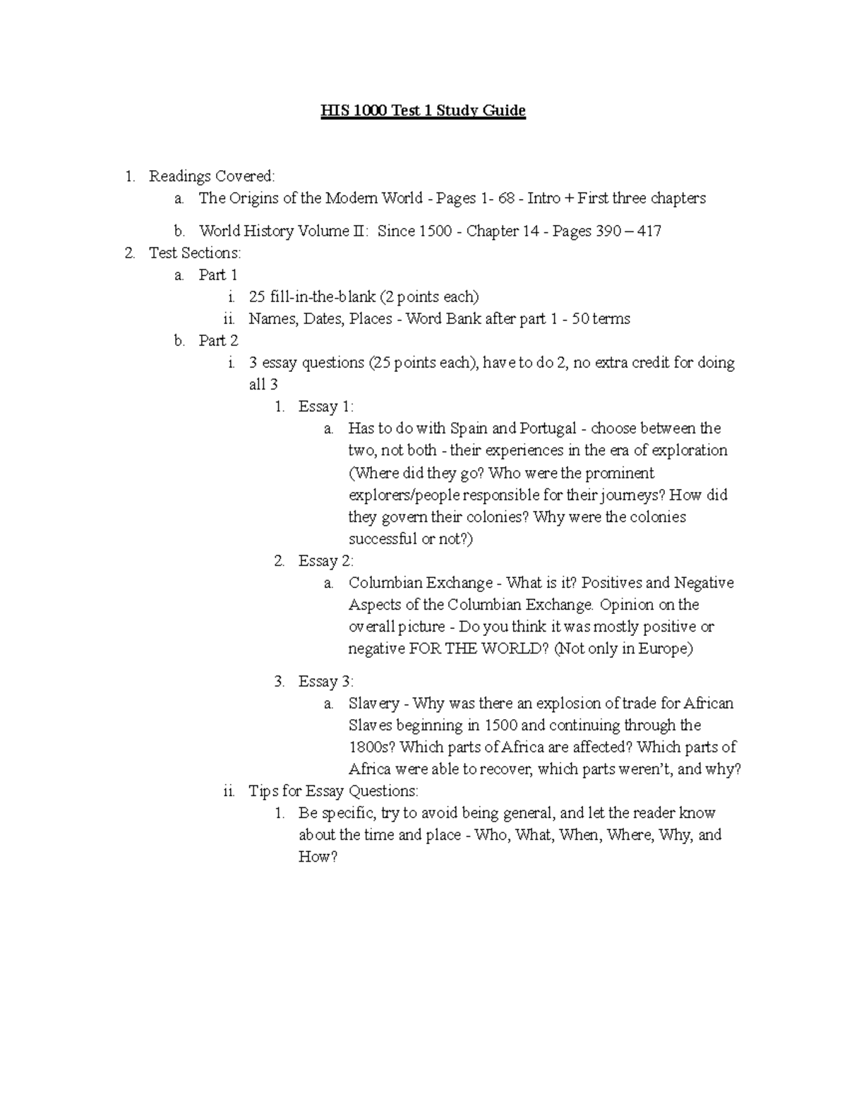 HIS 1000 Test 1 Study Guide - HIS 1000 Test 1 Study Guide Readings ...