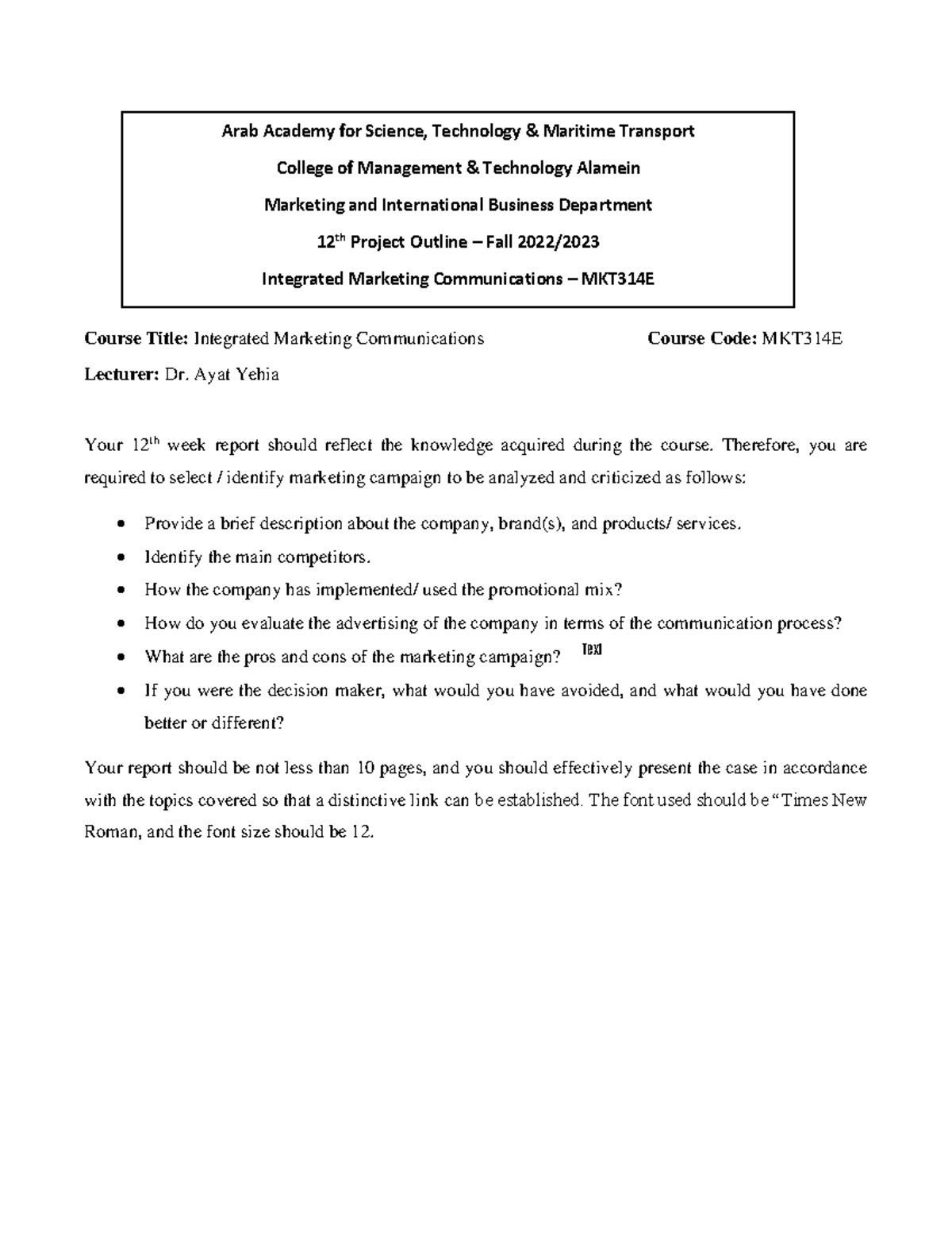 IMC 12th Outline - Project - Course Title: Integrated Marketing ...