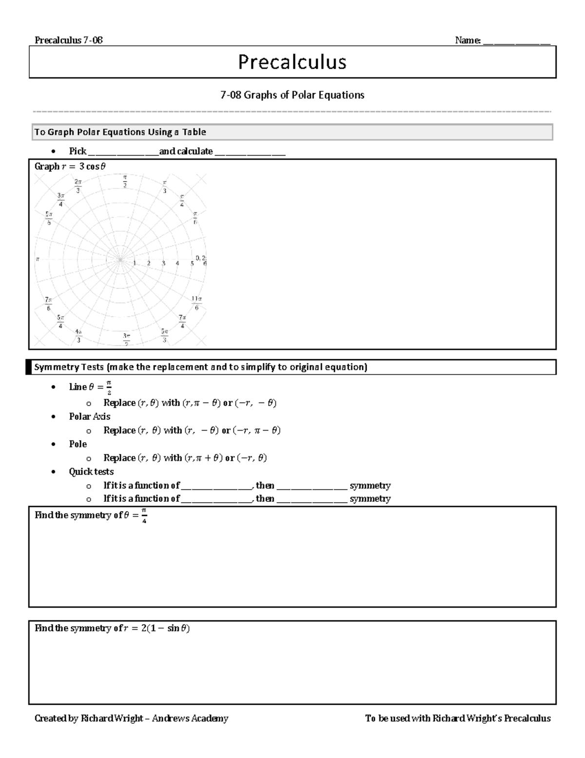 Precalculus 07-08 Graphs of Polar Equations - Precalculus 7 - 08 Name