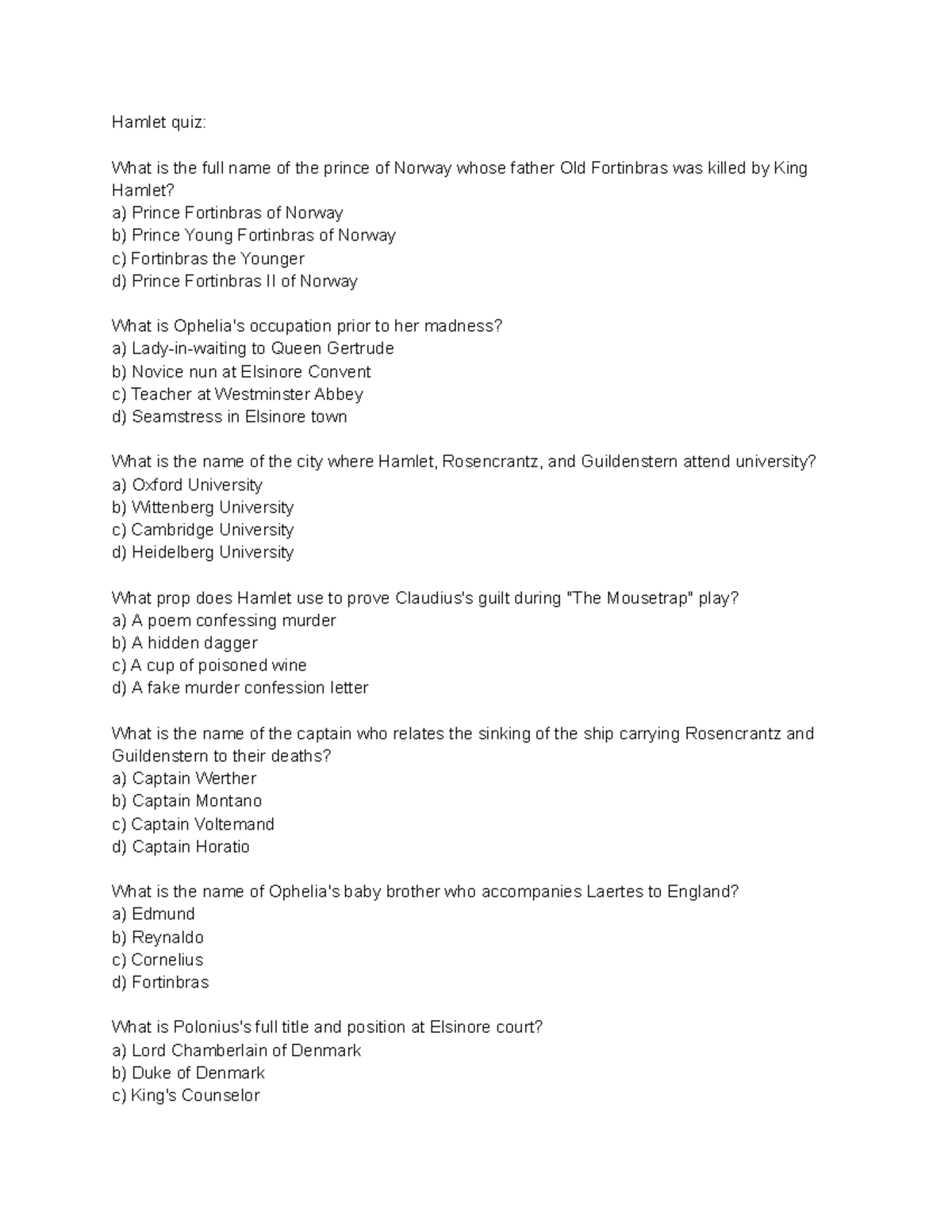 Hamlet quiz Level 1 - Practice. - Hamlet quiz: What is the full name of ...
