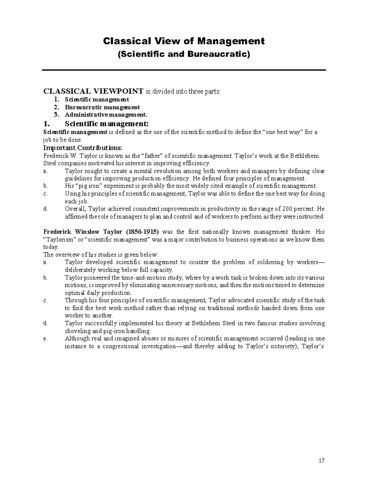 Mgt Lecture 03 - POM - 17 Classical View of Management (Scientific and ...