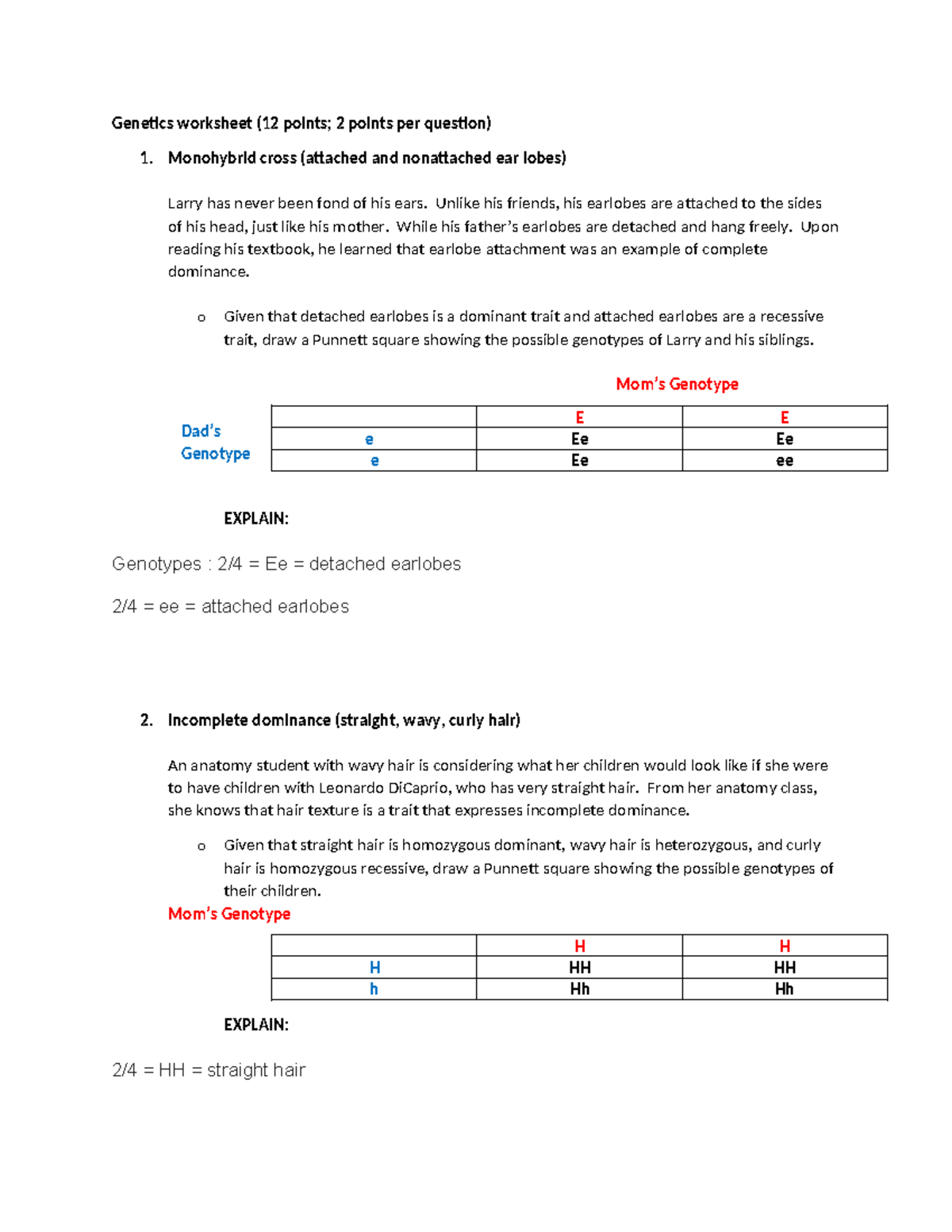 Genetics worksheet - Monohybrid cross (attached and nonattached ear ...