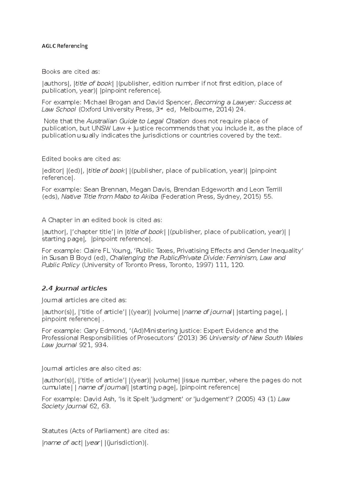 AGLC Referencing - AGLC Referencing Books are cited as: |authors ...