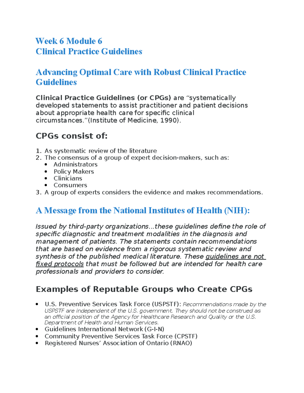 NU604 Week 6 Module 6 - Week 6 Module 6 Clinical Practice Guidelines Advancing Optimal Care with ...