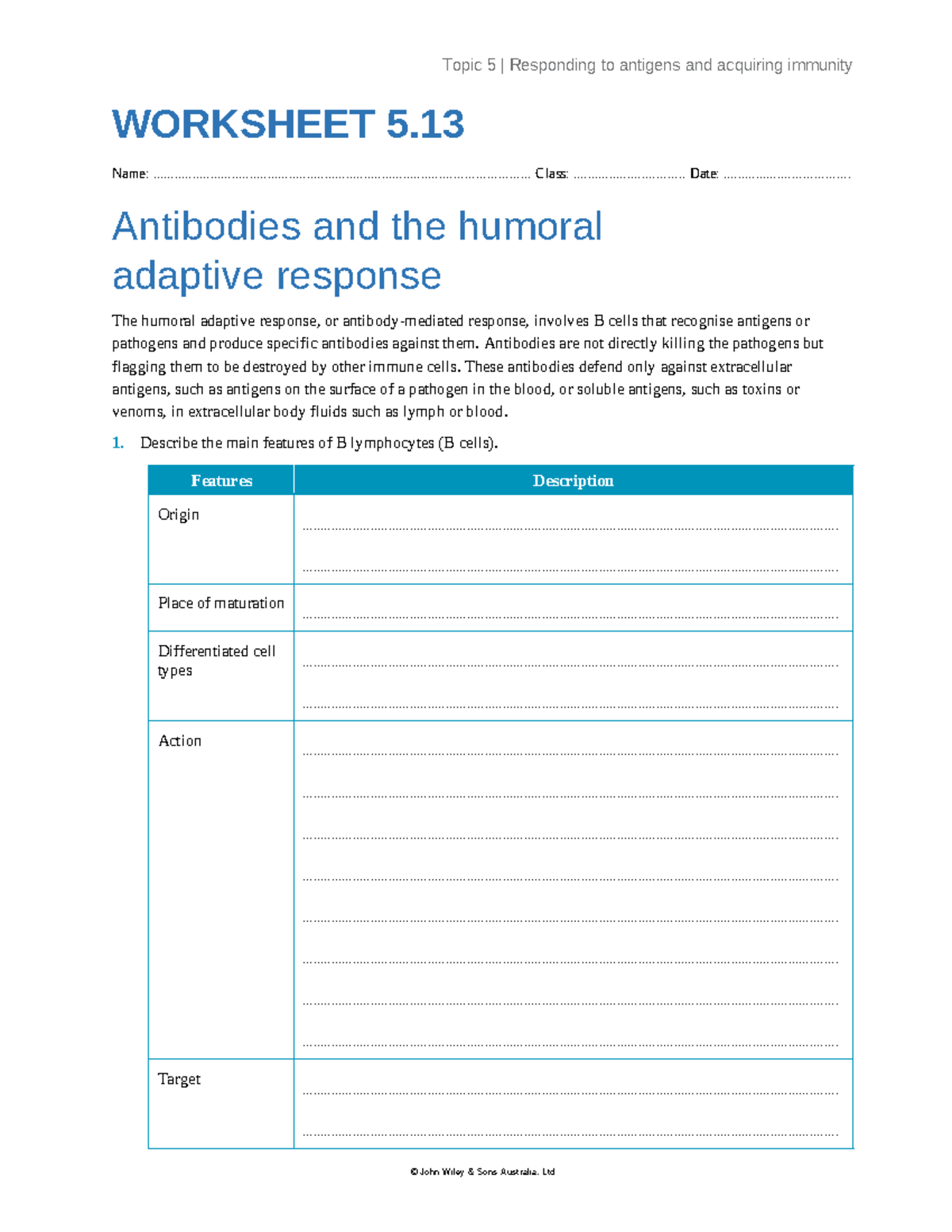 Antibodies and the humoral response unit 4 Area of study 2 worksheet ...
