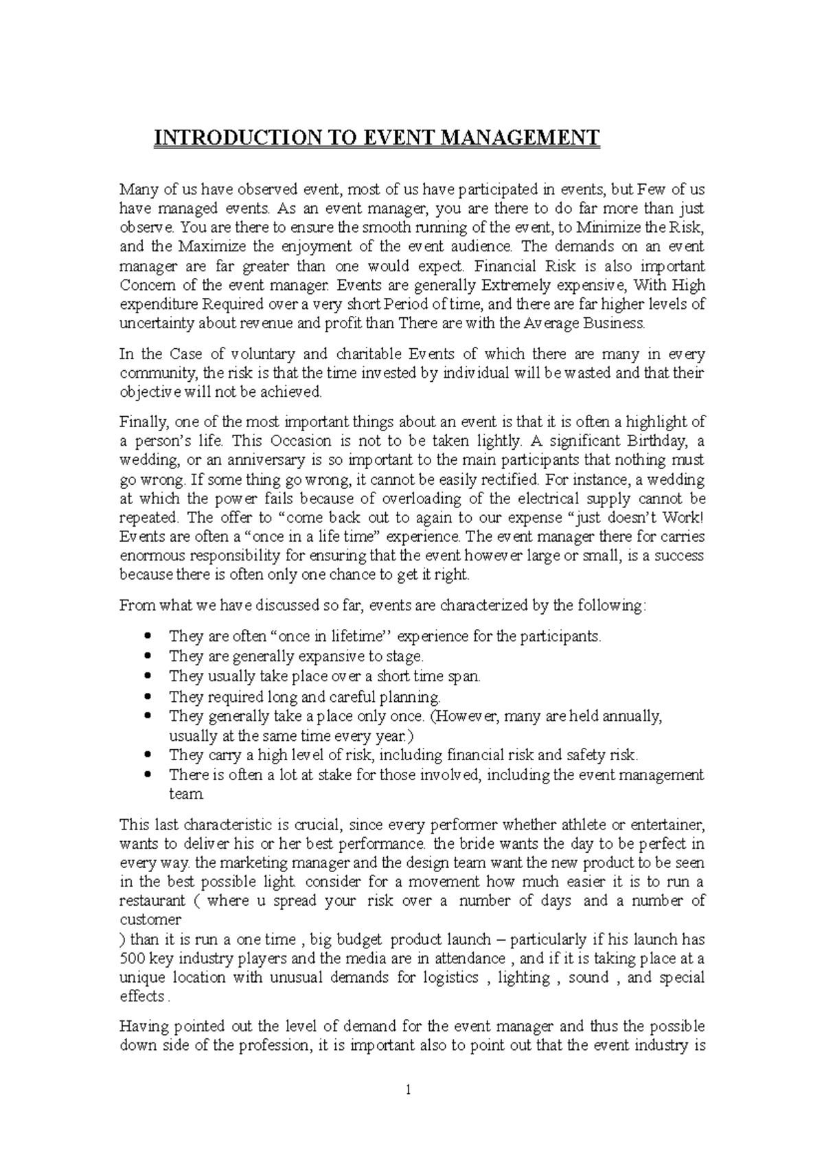 Event Management PART 2 - 1 INTRODUCTION TO EVENT MANAGEMENT Many of us ...