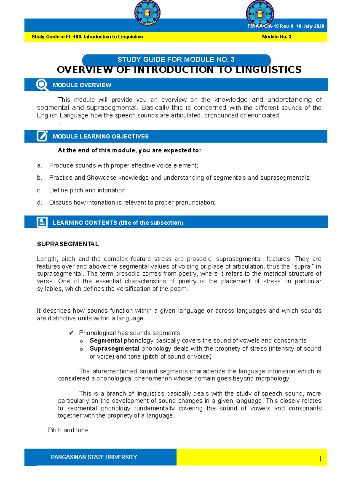 EL 100 Module 3 - OVERVIEW OF INTRODUCTION TO LINGUISTICS MODULE ...
