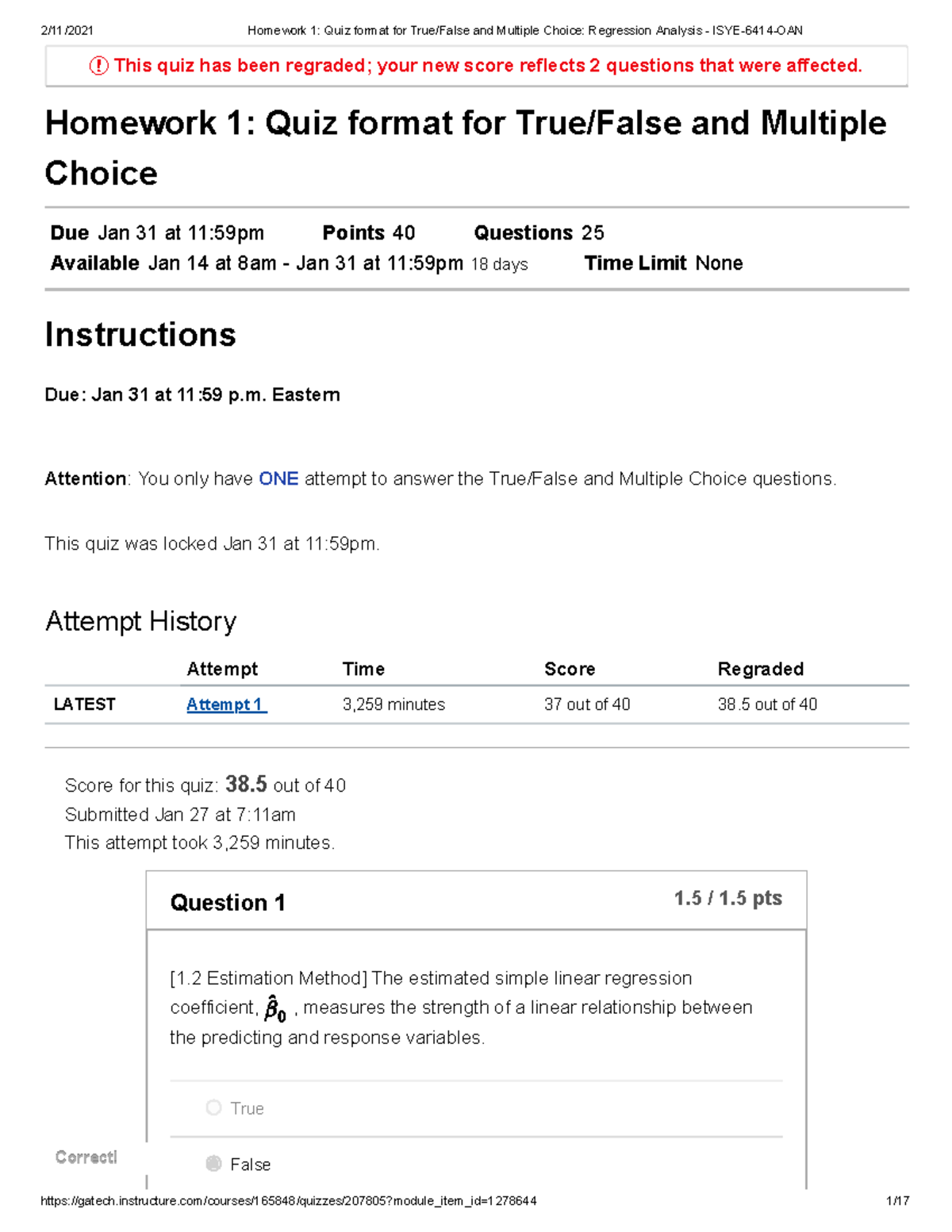 Homework 1 Quiz format for True False and Multiple Choice Regression Analysis ISYE 6414 OAN ...