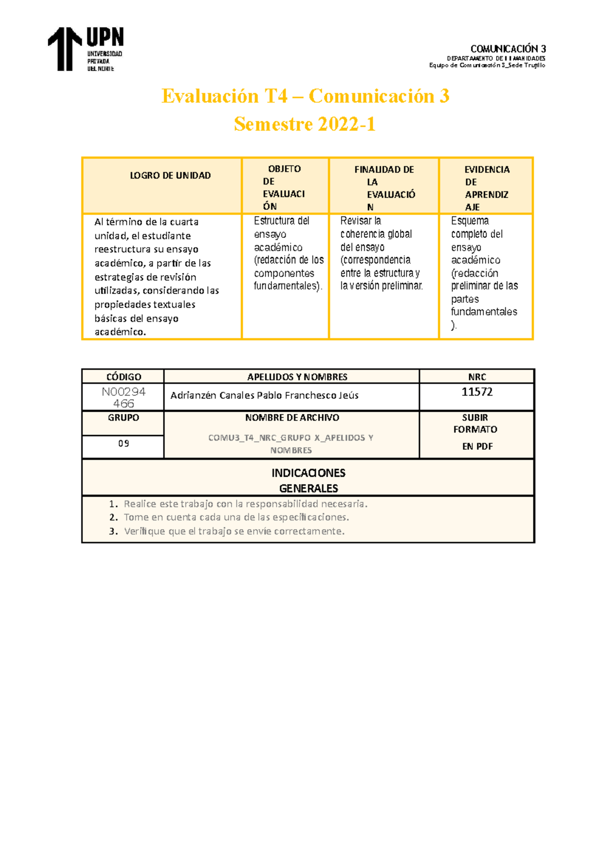 COMU3 T4 11572 Grupo 09 Adrianzén Canales Pablo Franchesco - COMUNICACIÓN 3 DEPARTAMENTO DE ...