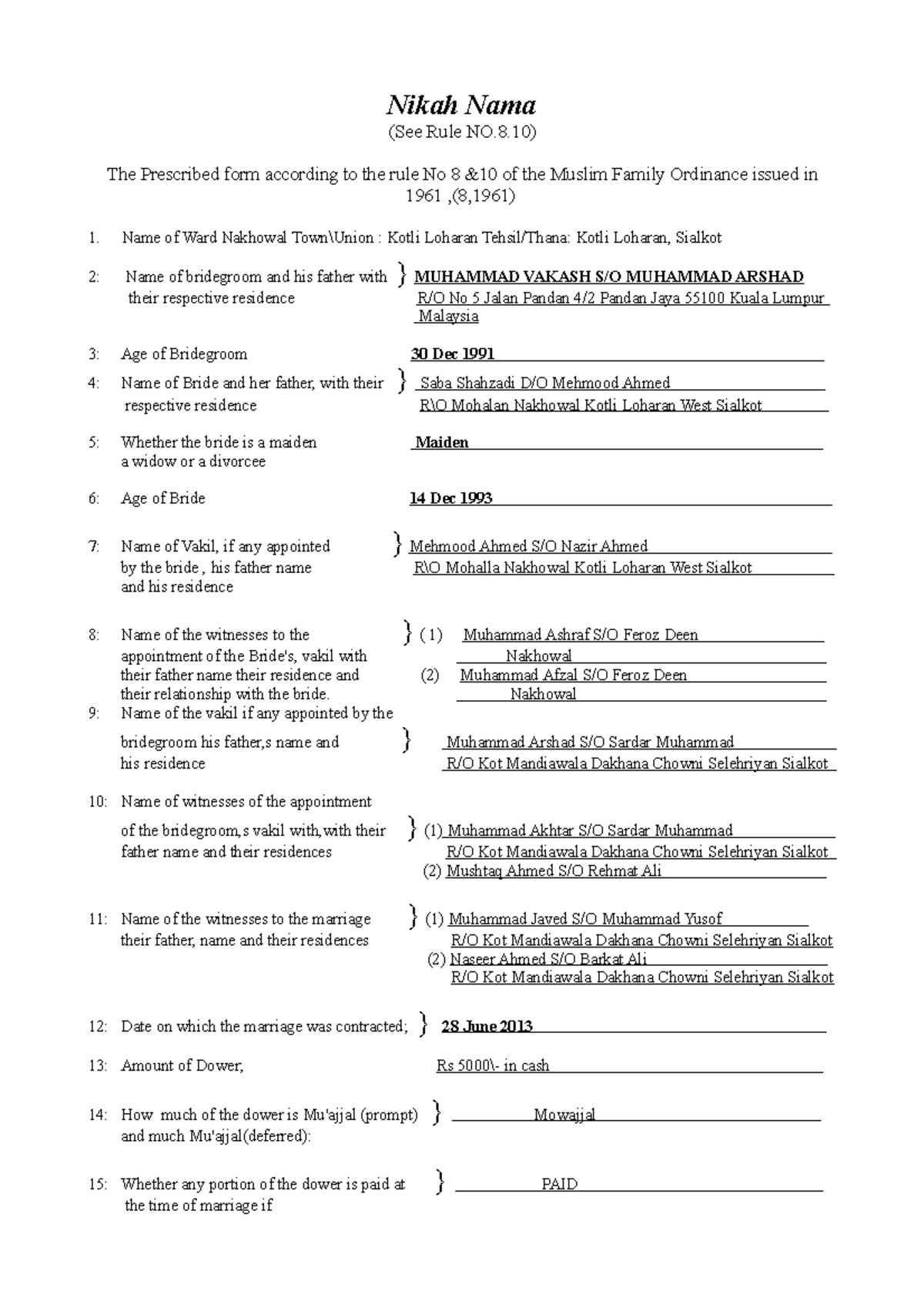 Nikah nama saba and vakash - Nikah Nama (See Rule NO.8) The Prescribed ...