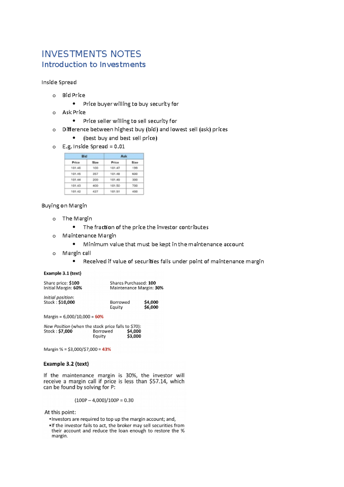 FINM2003 Investments Notes Weeks 1-6 - INVESTMENTS NOTES Introduction ...