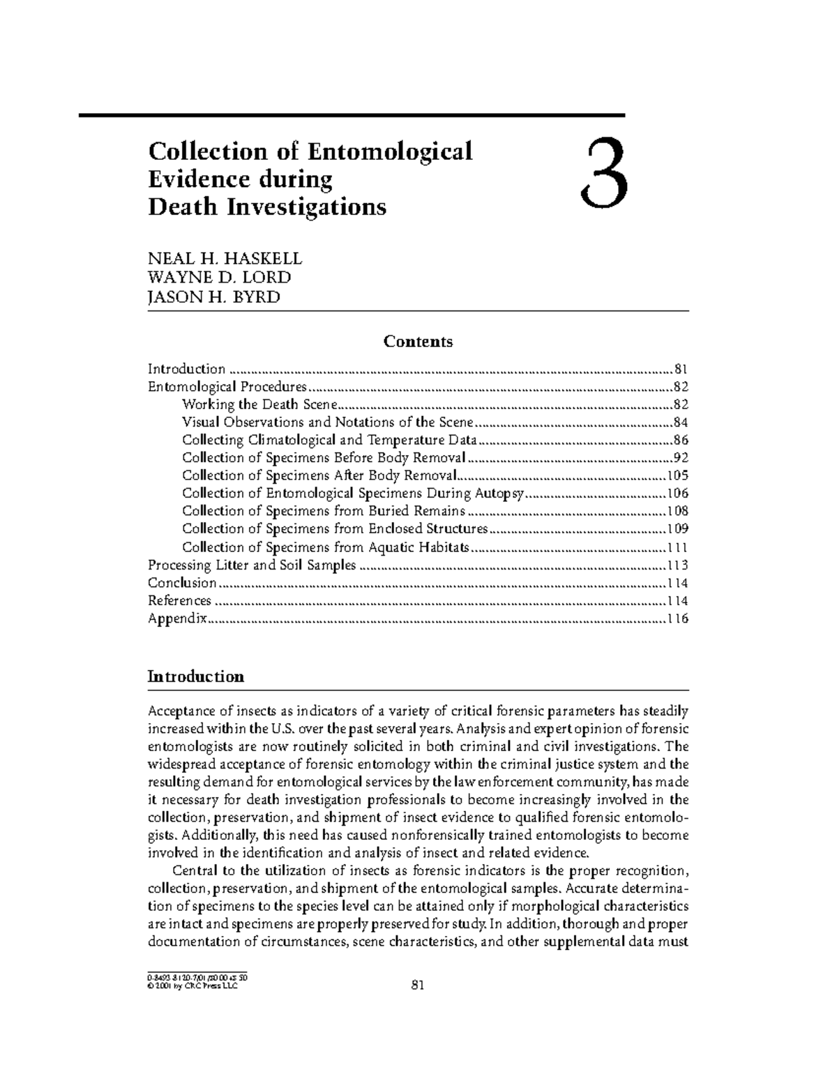 Collection of Entomological Evidence - 81 0-8493-8120-7/01/$0+$.50 ...