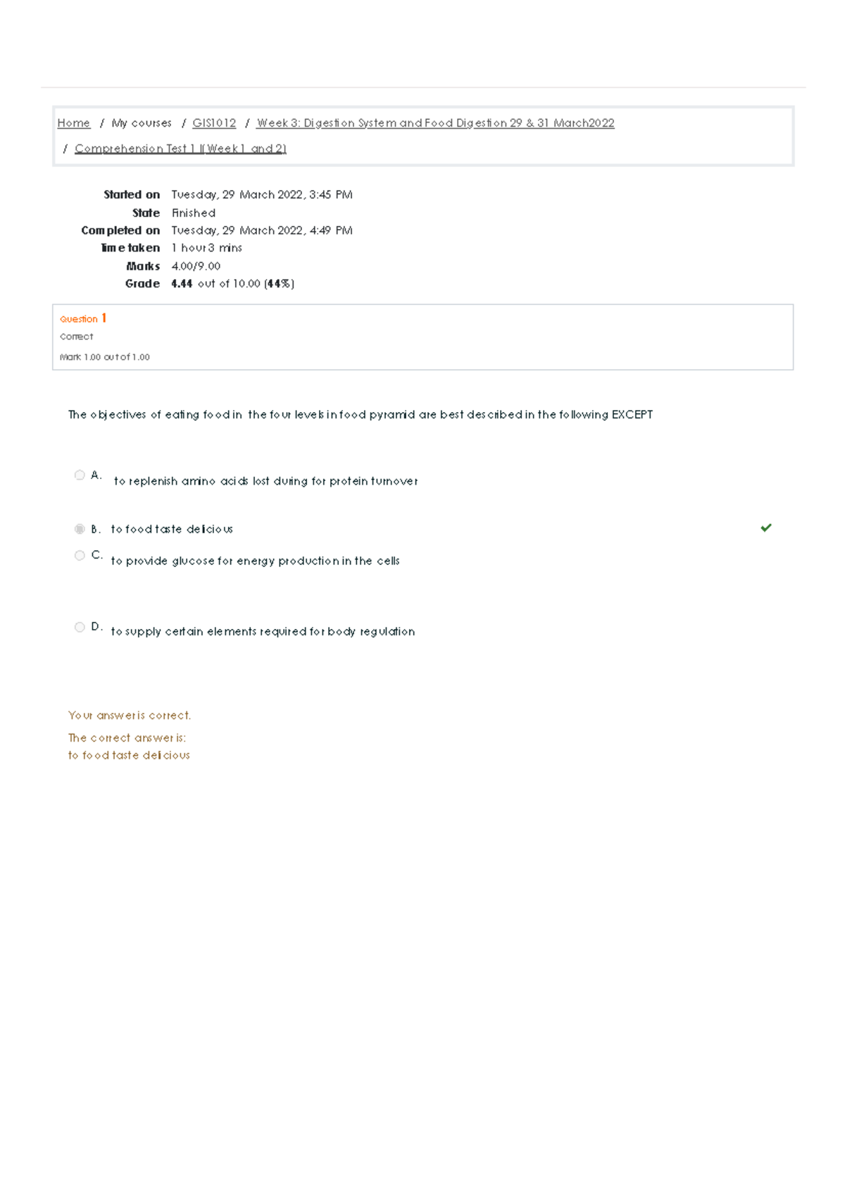 Comprehension Test 1 I(Week 1 and 2) Attempt review - Home /My courses ...